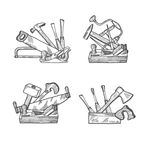 Hand drawn woodwork equipment in wooden Royalty Free Vector