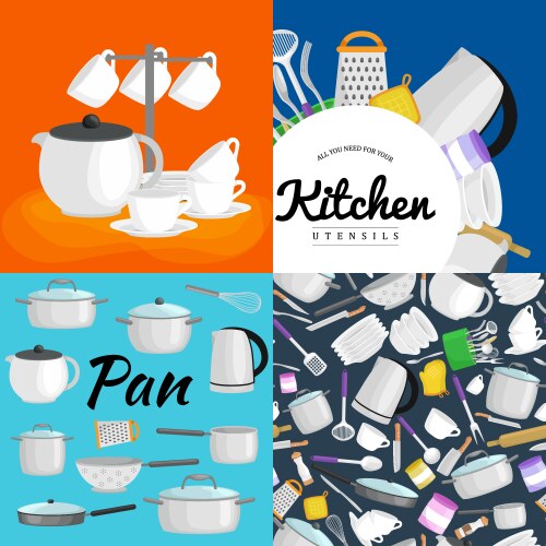 Cartoon kitchen utensil collection spoon pot food Vector Image