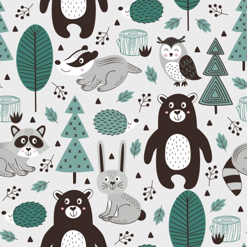 Forest Animals Pattern - Woodland Creatures Vector Image