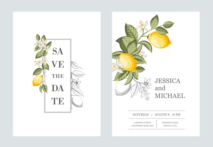 Lemon citrus wedding invitation card collection Vector Image
