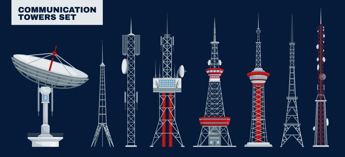 3d isometric flat set of telecom towers Royalty Free Vector