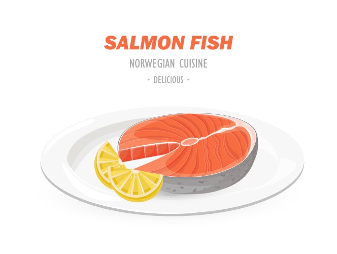 Salmon steak and vegetables on the plate Vector Image
