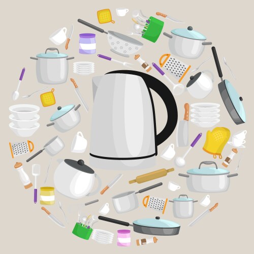 Cartoon kitchen utensil collection spoon pot food Vector Image