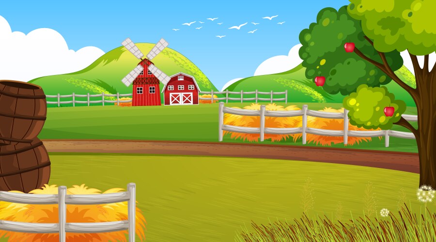 Farm scene with vegetable garden and barn Vector Image