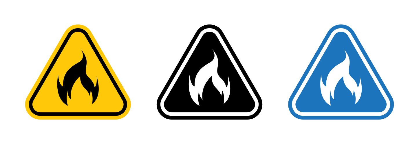 Fire warning sign icon set yellow triangle alert Vector Image