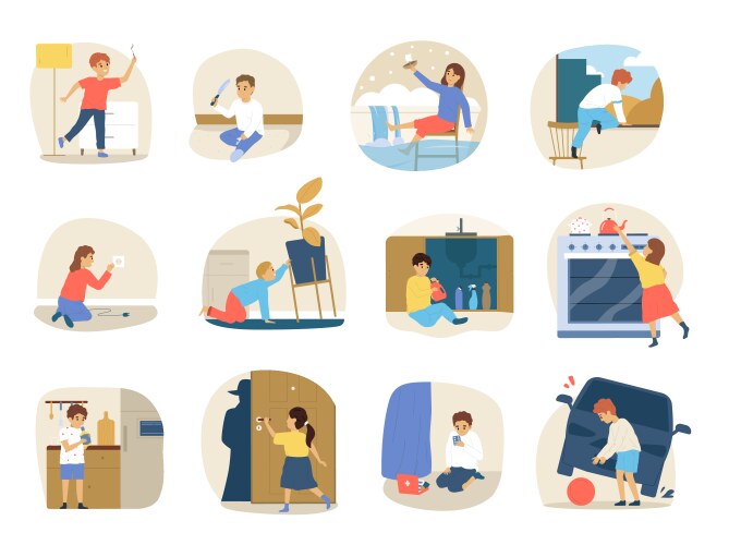 Children dangerous situations flat set infographic