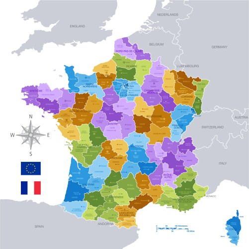 France administrative regions and departments map Vector Image