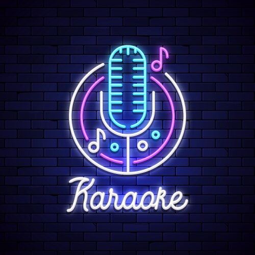 Karaoke bar neon illuminated logo with microphone Vector Image