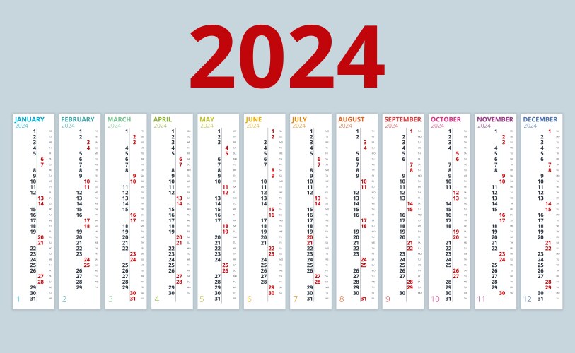 Vertical rainbow 2024 calendar english Royalty Free Vector