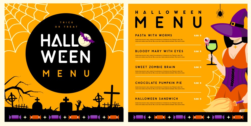 Halloween flat menu design with young witch Vector Image