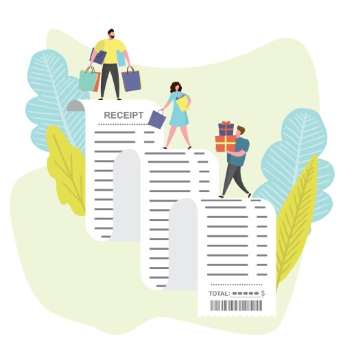 Receipt bill and shopping people with gifts Vector Image