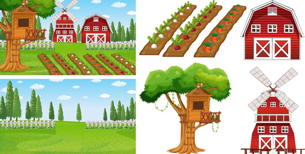 Farm element set isolated with scene Royalty Free Vector