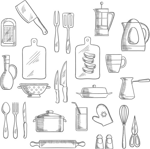 Kitchen utensils sketch cooking equipment frying Vector Image