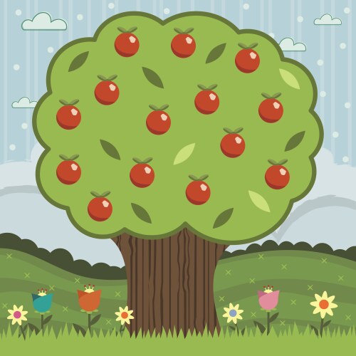 Farm scene with big apple tree and windmill Vector Image