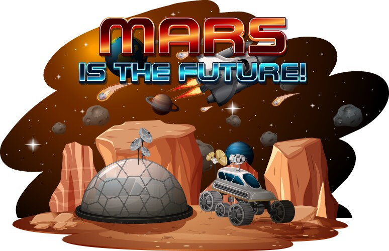 Space station on planet with explore mars logo Vector Image
