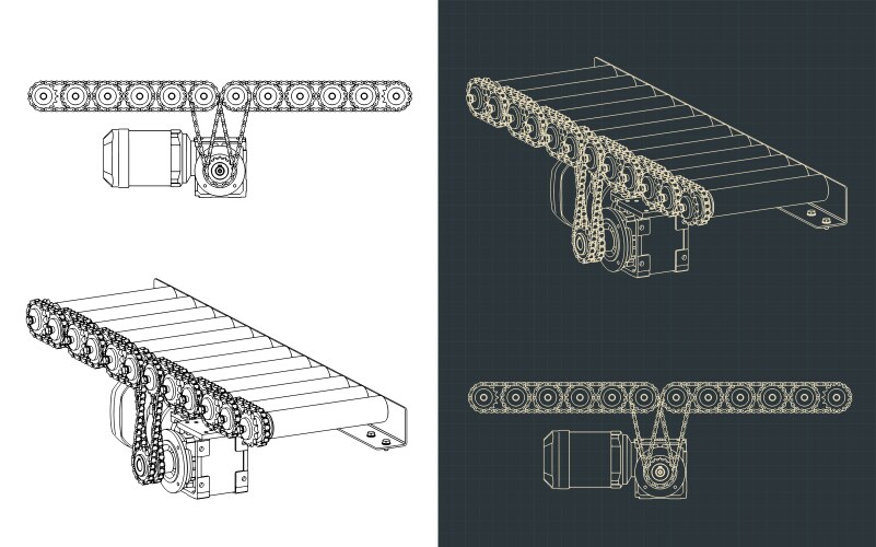 Chain conveyor isometric blueprints Royalty Free Vector