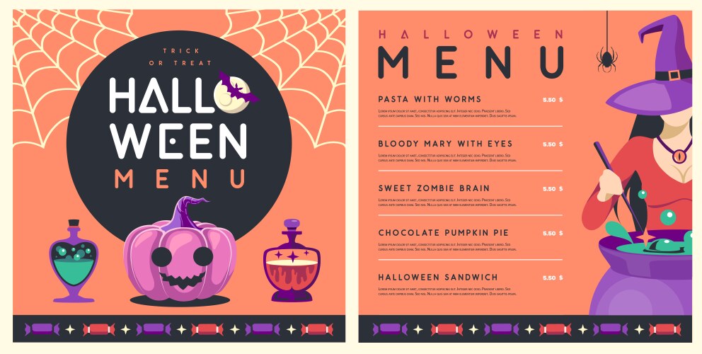Halloween flat menu design with young witch Vector Image