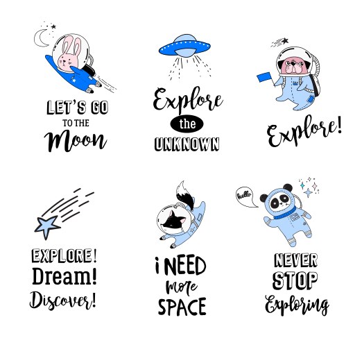 Outer space sticker collection cute animals Vector Image