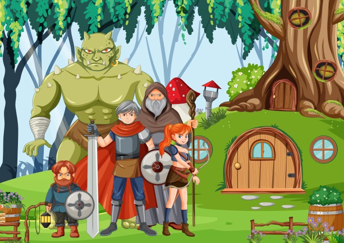 Enchanted scene with medieval cartoon characters Vector Image