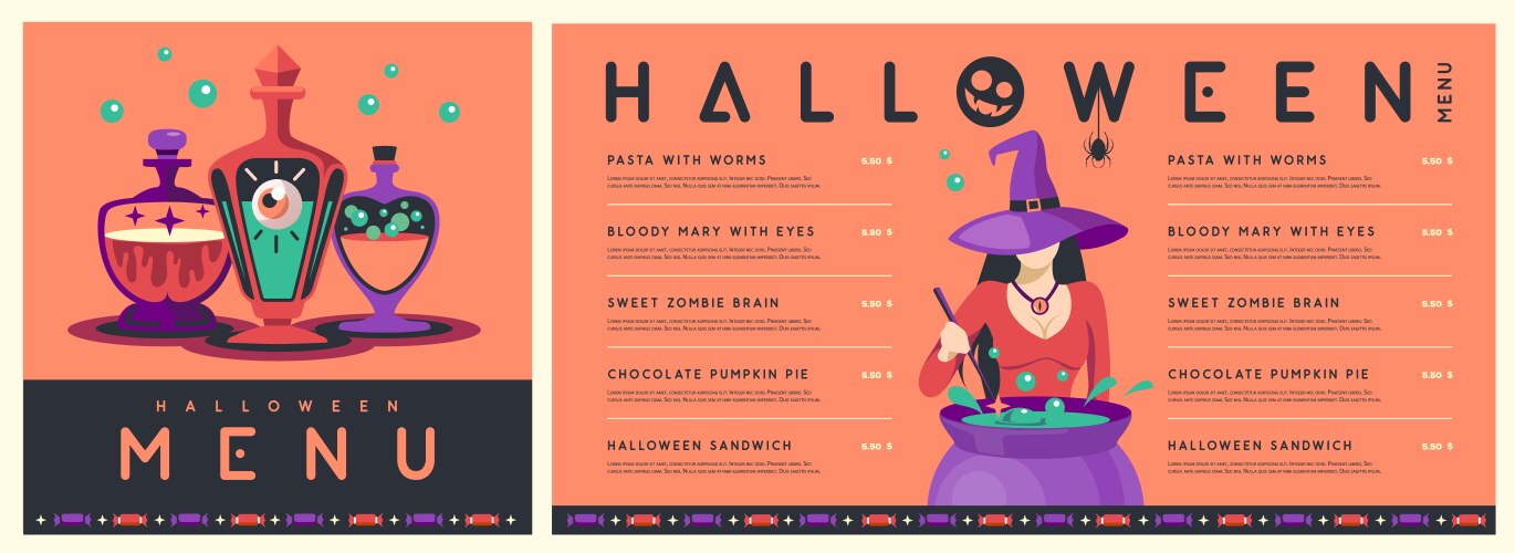 Halloween flat menu design with young witch Vector Image