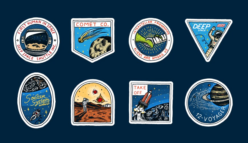 Space patches galaxy exploration spaceship badges Vector Image