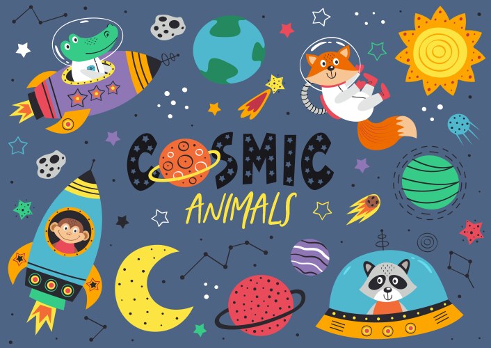 Cartoon collection of cute animals in space Vector Image