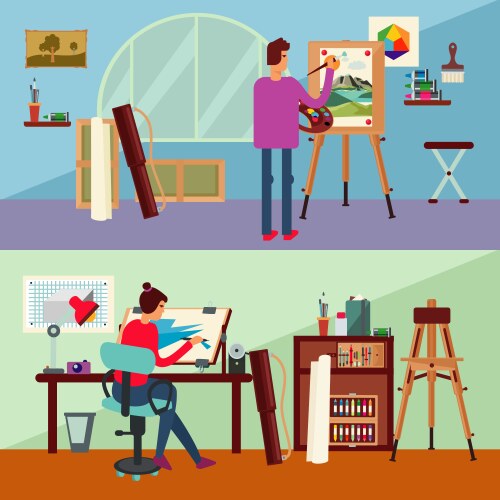 Creative art studio workshop room flat interior Vector Image