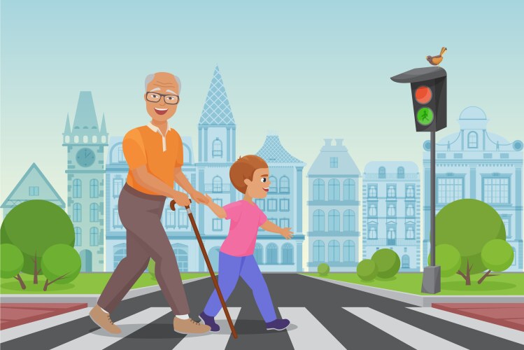 Boy helping senior woman crossing street Vector Image