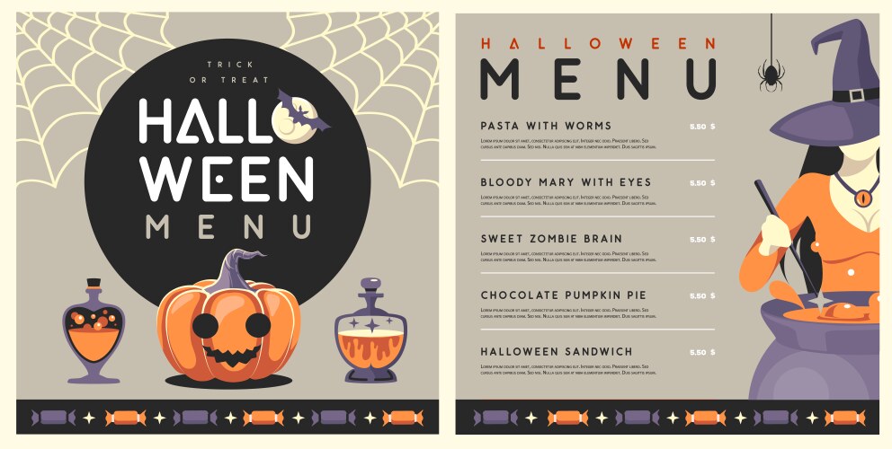 Halloween flat menu design with young witch Vector Image