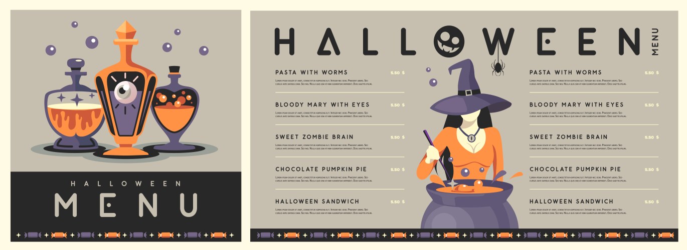 Halloween flat menu design with young witch Vector Image