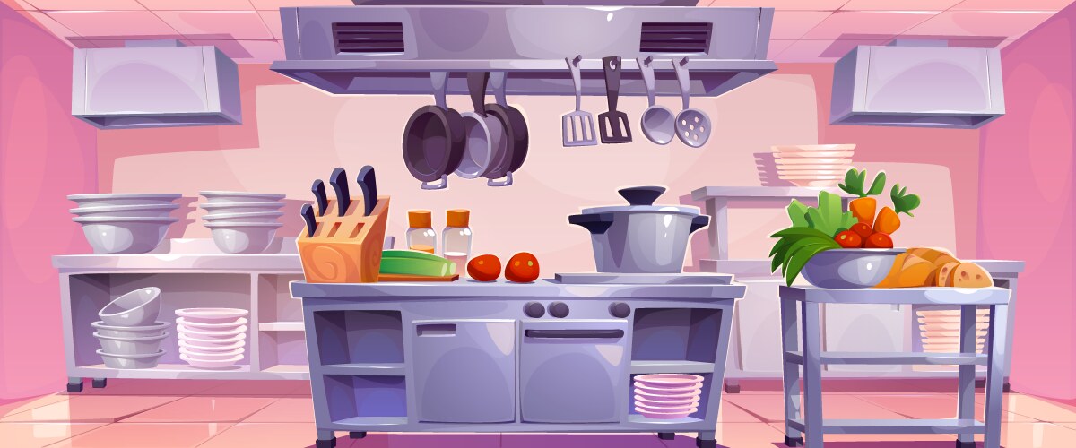 Restaurant kitchen interior with chef staff Vector Image