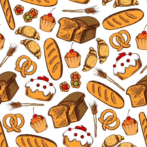 Bread and pastry food seamless pattern background Vector Image
