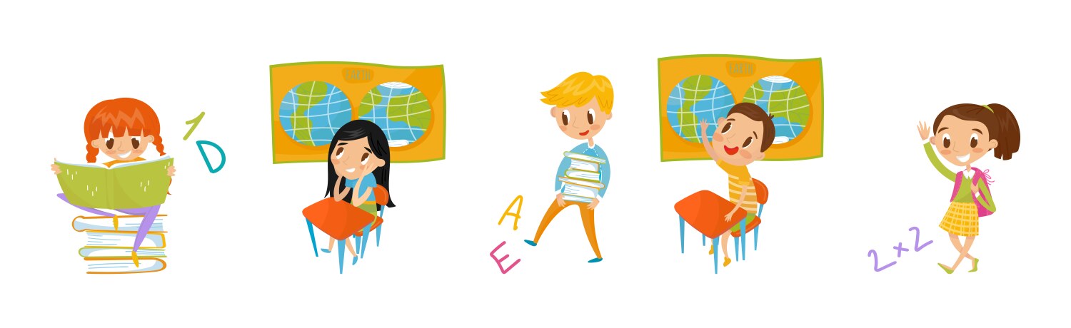 Kids at school set cute boys and girls lesson Vector Image