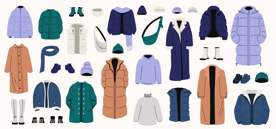 Flat cold weather winter clothing set Royalty Free Vector