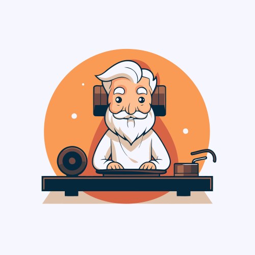 Old man playing turntable in cartoon style Vector Image