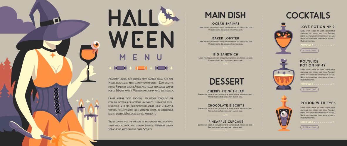 Halloween flat menu design with young witch Vector Image