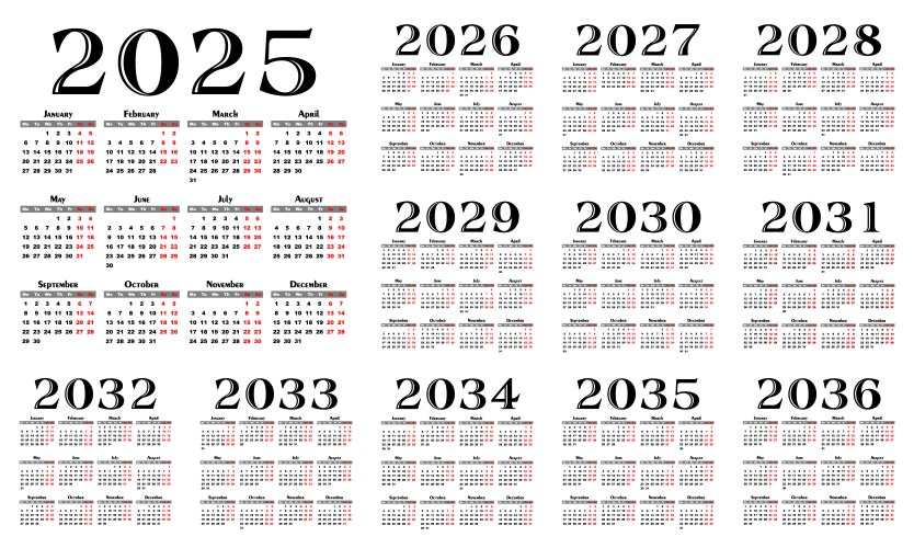 Calendar templates for a year 2024 - 2030 Vector Image