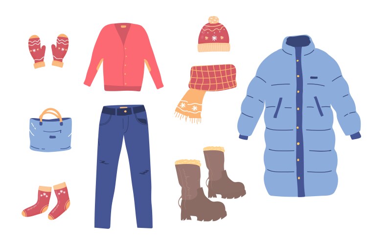 Flat cold weather winter clothing set Royalty Free Vector