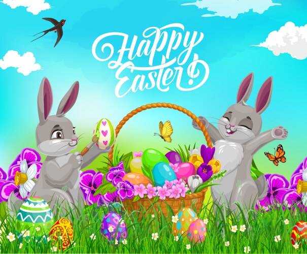 Boy are playing with three rabbits Royalty Free Vector Image