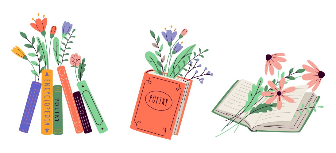 Books with flowers bouquets 2d linear cartoon Vector Image