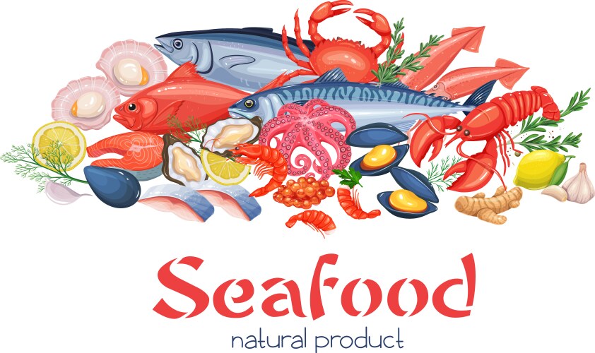 Cartoon seafood dishes lobster crab baked fish Vector Image