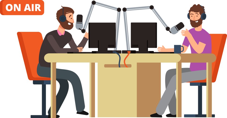 Cartoon people recording a podcast or radio show Vector Image