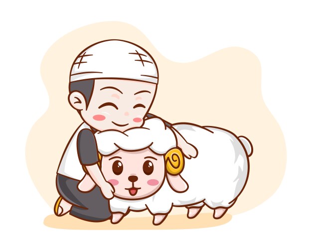 Cartoon muslim boy with a goat Royalty Free Vector Image