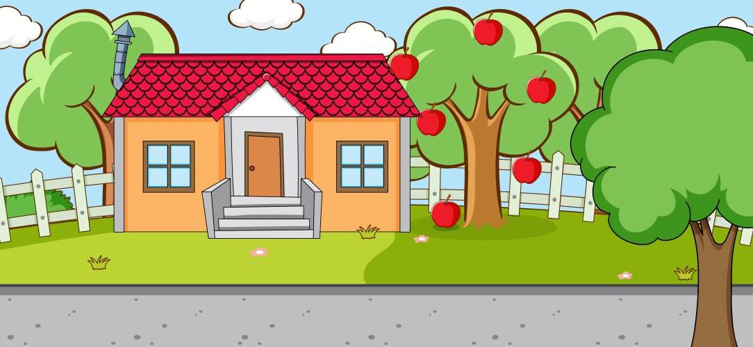 Apple tree and village farm field with houses Vector Image