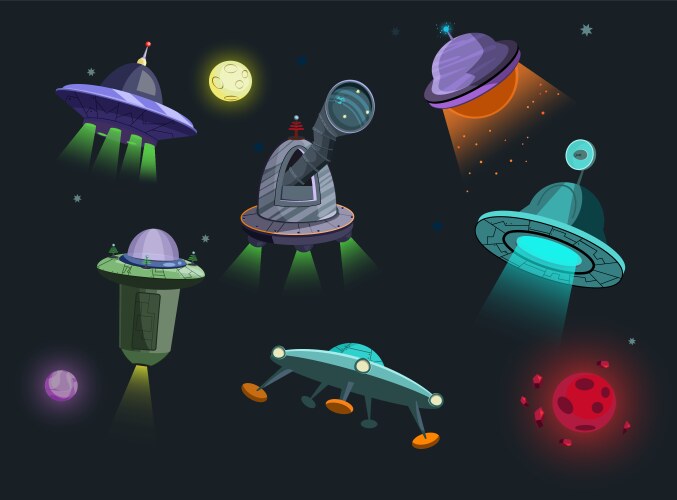 Set of cartoon spaceships and rockets Royalty Free Vector