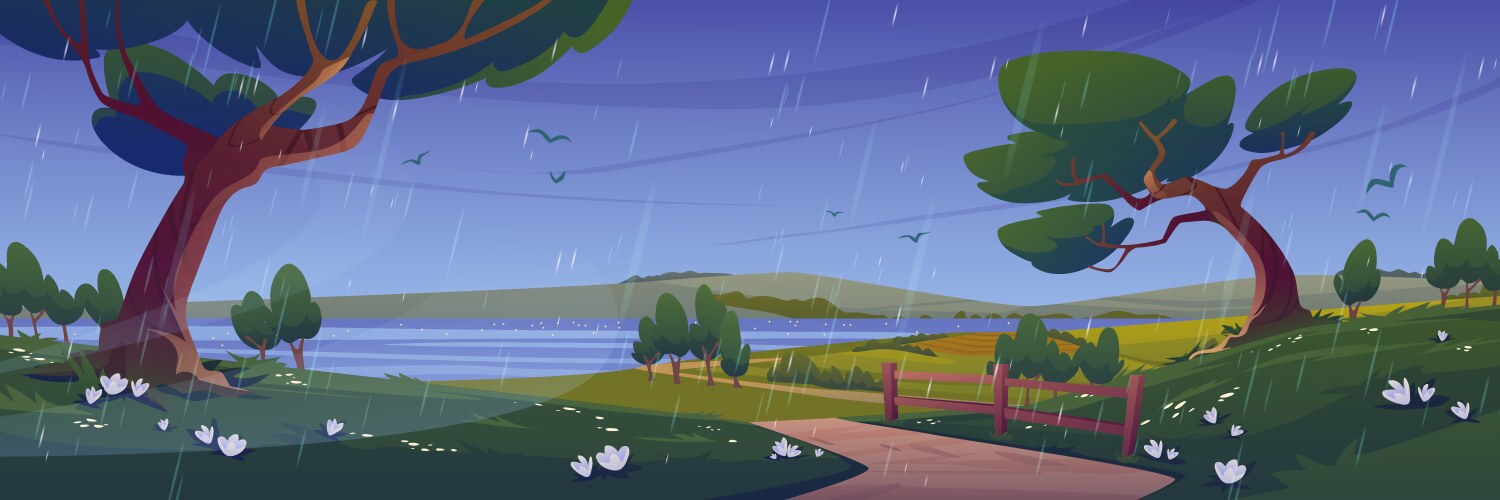 River scene on rainy day Royalty Free Vector Image