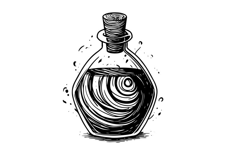 Magic bottle with potion hand drawn ink sketch Vector Image