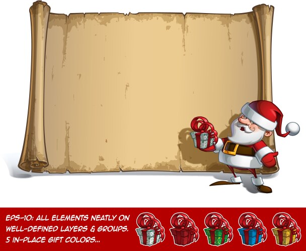 Happy santa scroll blank label pointing Royalty Free Vector