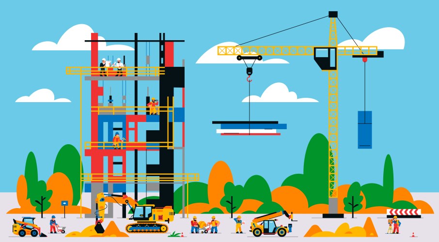 Cartoon scene of building construction site Vector Image