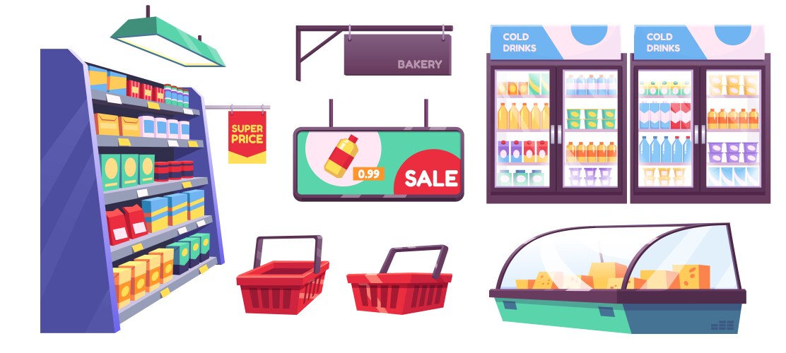 Showcase fridge with dairy products Royalty Free Vector
